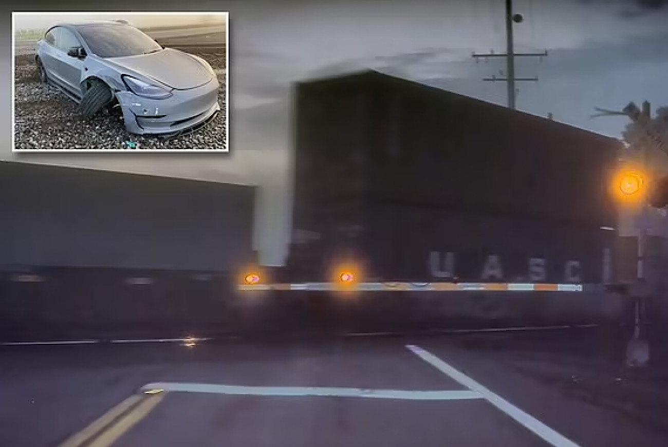 Man Inside 'Full Self-Driving' Tesla Nearly Collides With Moving Train